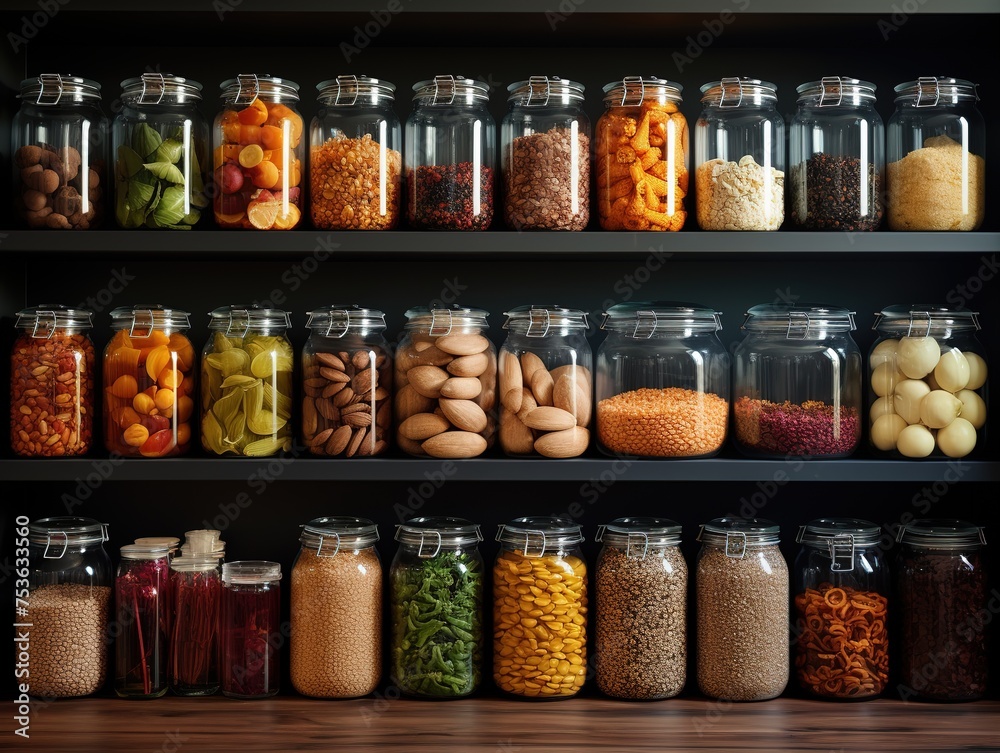 an organized, well-stocked home pantry, with various food items sorted ...