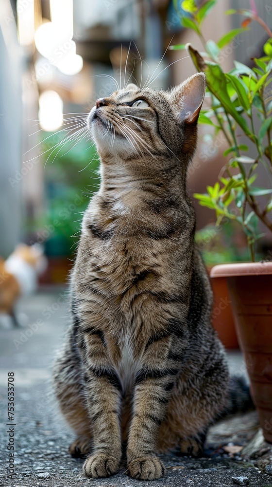 Tabby cat looking upwards with curiosity. Urban feline life and ...