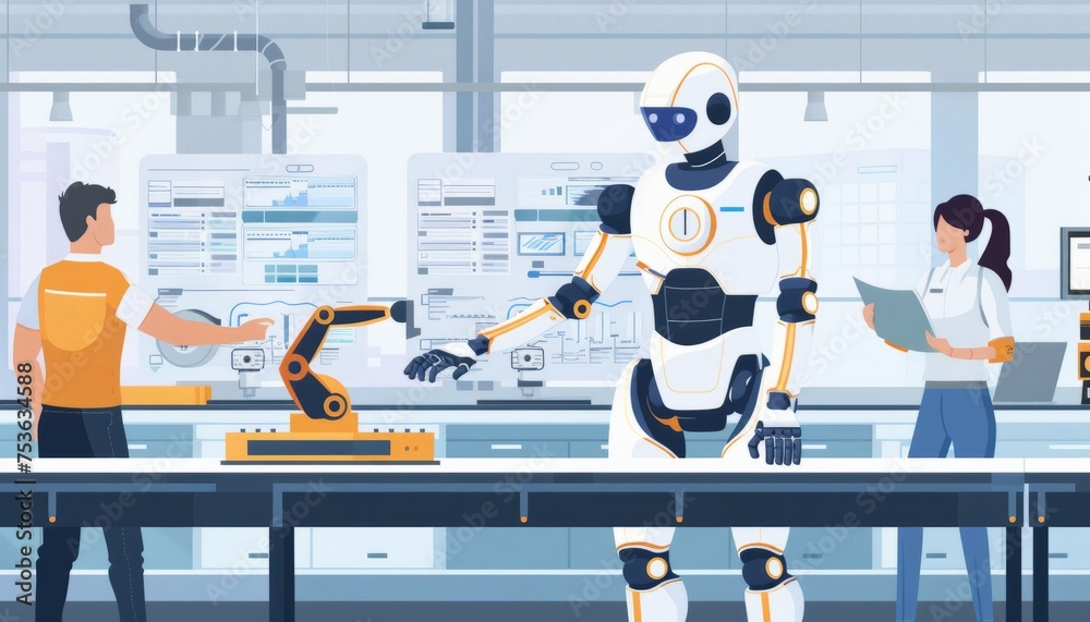 An animated image of a futuristic workplace where humans and advanced ...