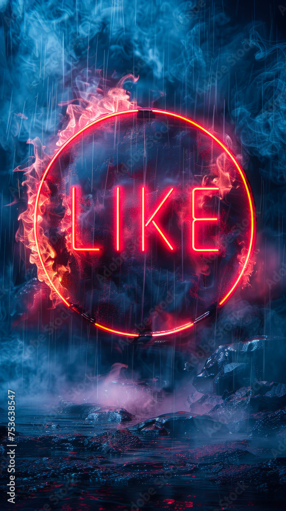 Fiery neon LIKE sign glowing intensely within a circular frame against ...