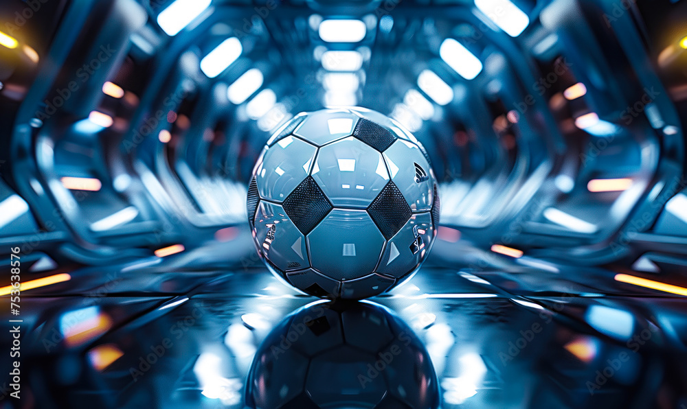 Futuristic vision of a soccer ball in a symmetric, high-tech tunnel ...