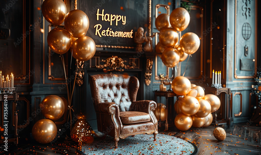 Festive and luxurious Happy Retirement celebration setup with golden ...
