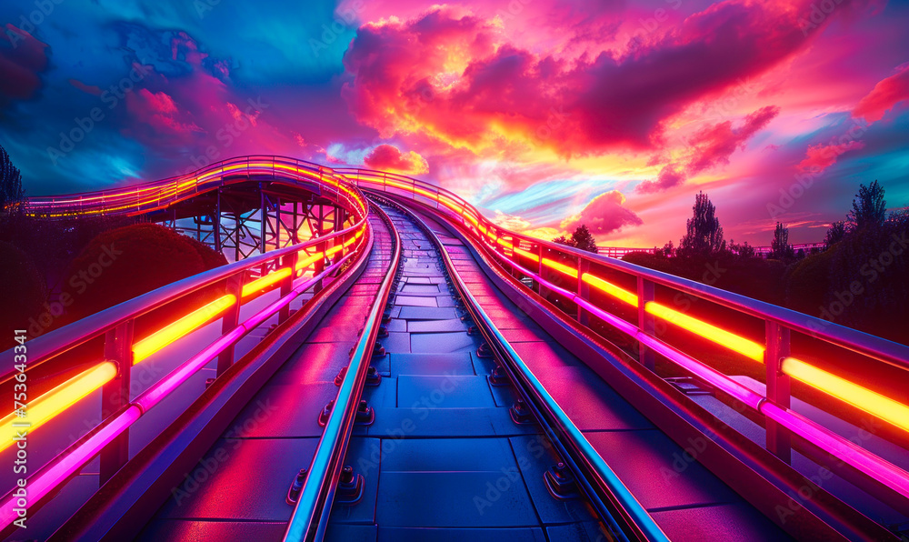 Dynamic roller coaster tracks glowing with neon lights under a vibrant ...