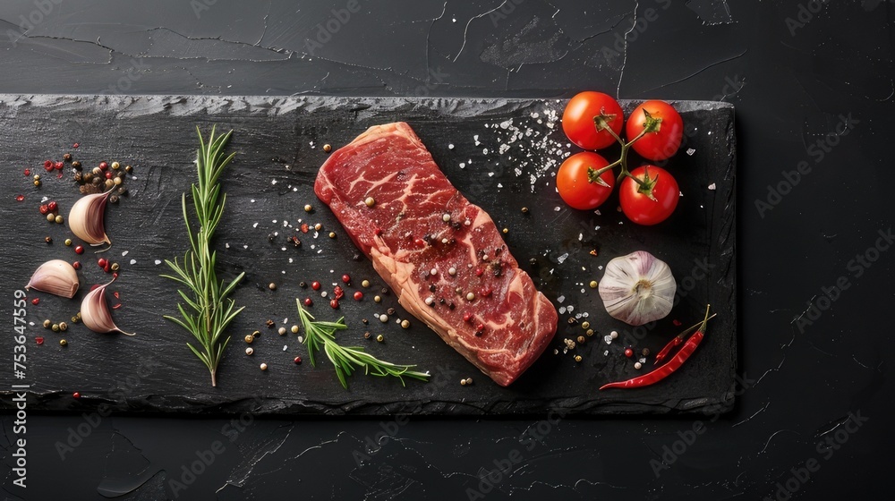 Meat steak and seasoning ingredients in an aesthetically pleasing ...
