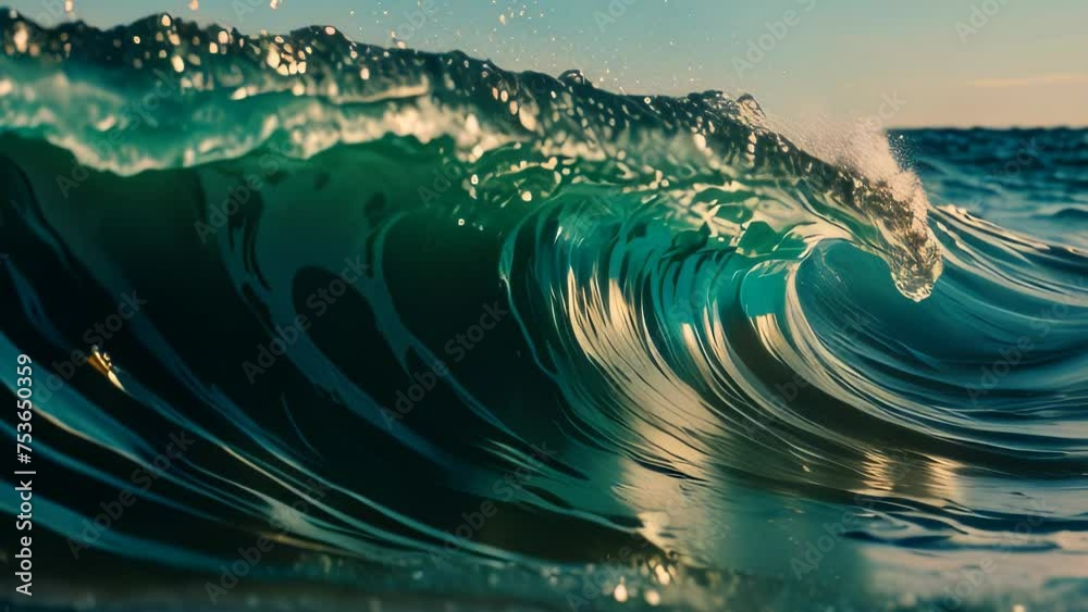 Video animation footage of beauty of a massive ocean wave as it curls ...
