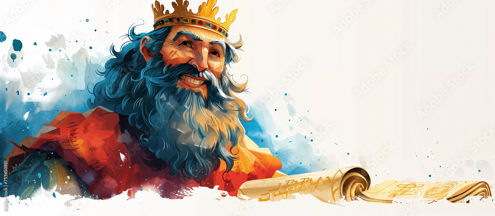 Whimsical digital artwork of King Solomon with a golden crown and ...