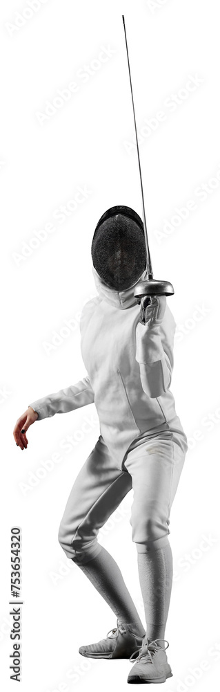 Swordswoman, professional female fencer's poised stance, against ...