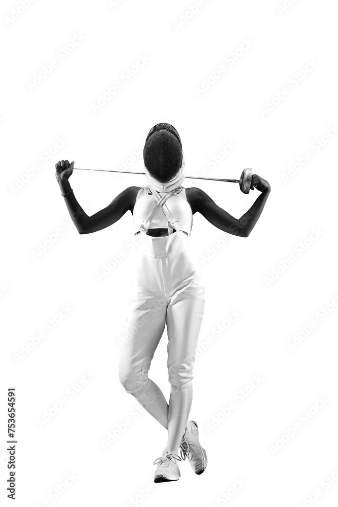 Portrait of swordswoman posing with her dual blades resting on her ...