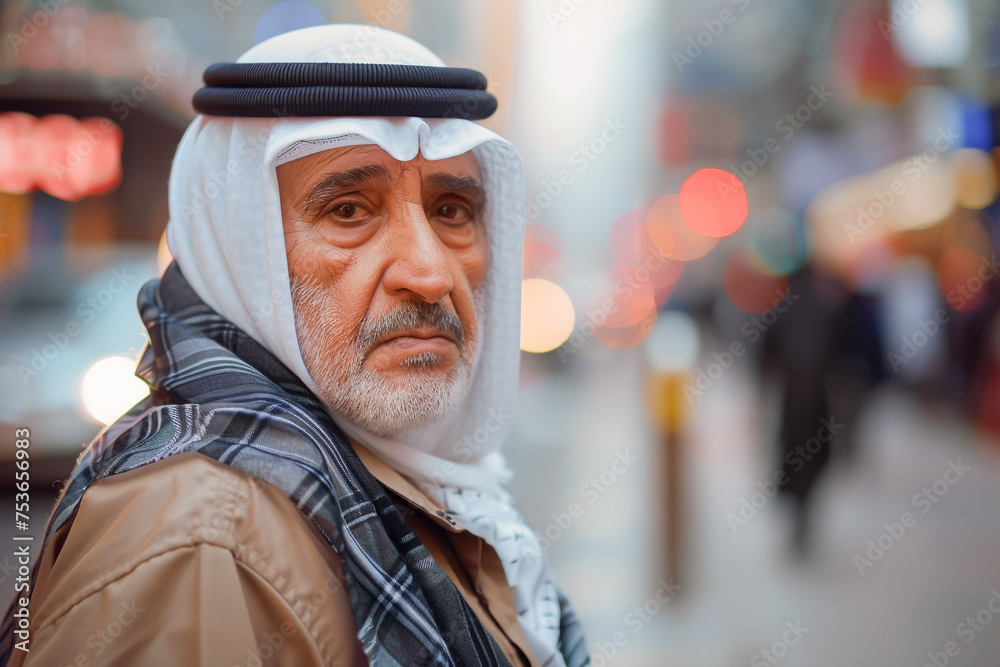Arab man in the modern city, street scene, traditional clothing ...