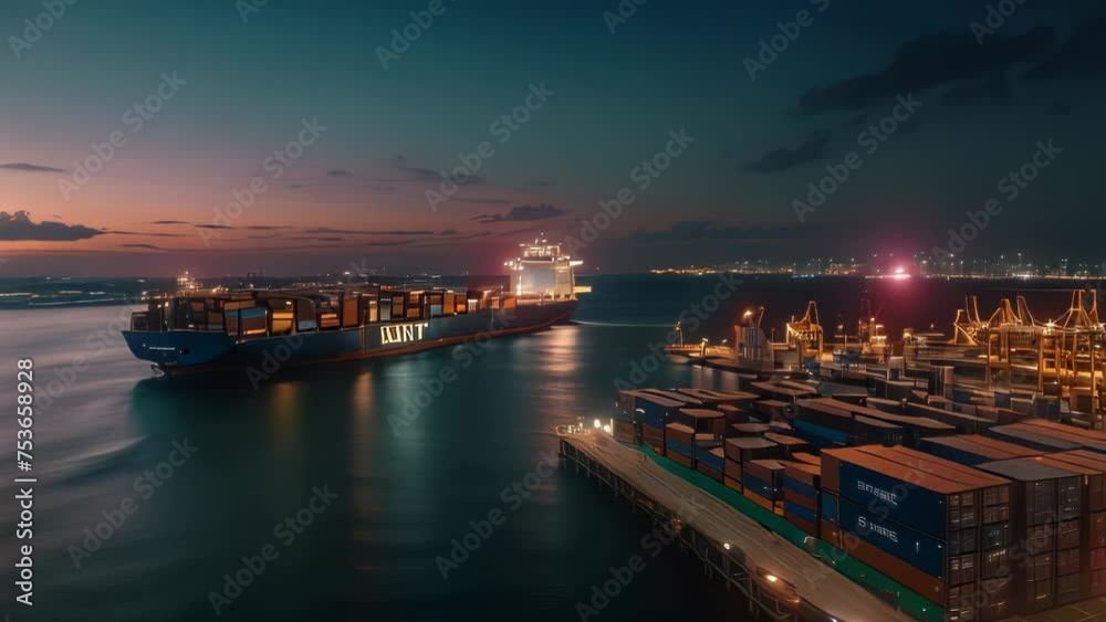 Video animation footage of harbor at dusk or night. A large ship is ...