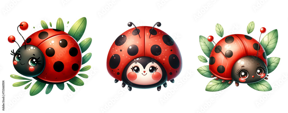 Cute Ladybug set. Playful Ladybug Clipart, Watercolor Insect, Sleepy ...