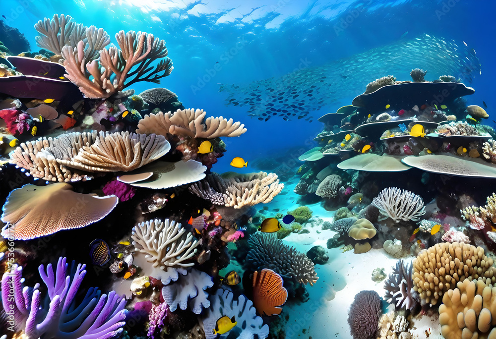 Tropical ocean floor with colorful and beautiful coral reefs and ...