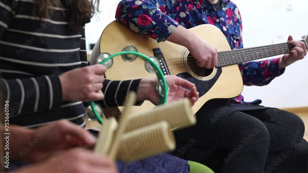 Music therapy concept, a group of people playing different types of ...