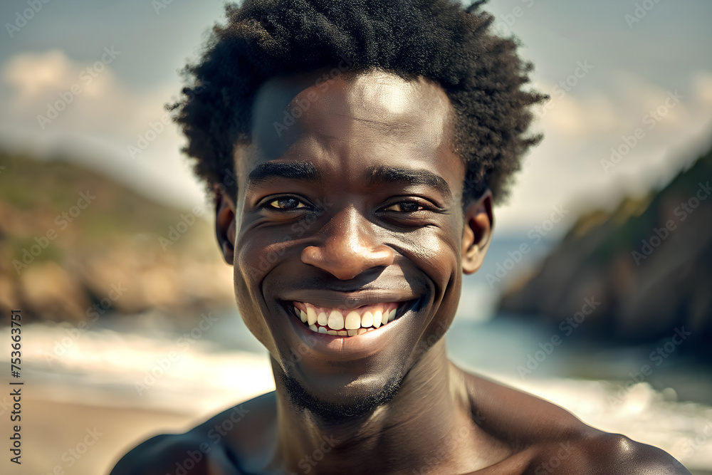 Hombre africano en la playa. Persona morena en la playa. Retrato de ...