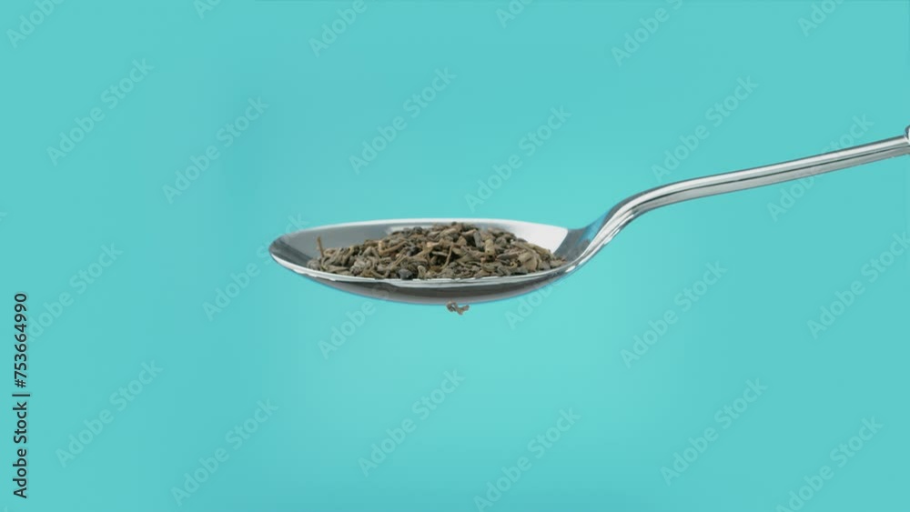 Spoon full of crushed yerba mate out on blue screen background. Turning ...