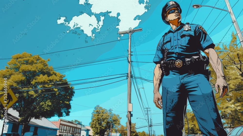 Vector illustration of police officer patrolling street. Comic book ...