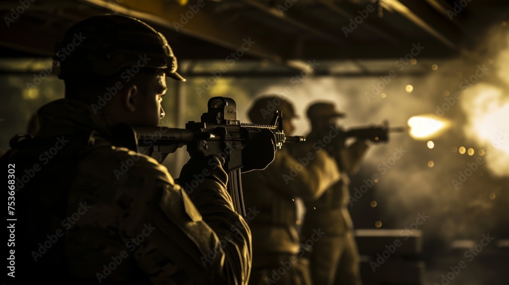 Foto Stock Young soldiers practicing to shoot at a gun area, the sound ...