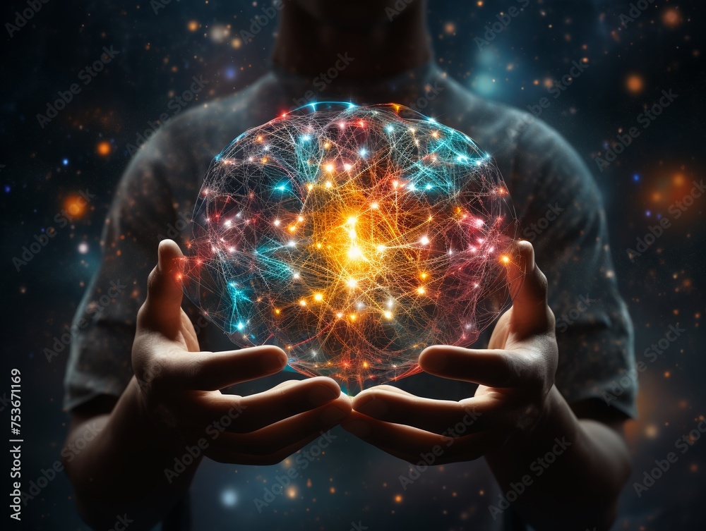 Dreamlike render of a cosmic hand surrounded by a halo of energy deftly ...