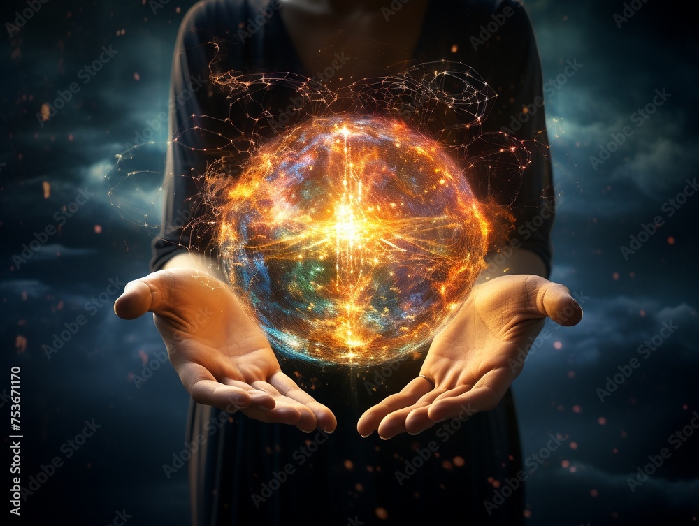 Dreamlike render of a cosmic hand surrounded by a halo of energy deftly ...