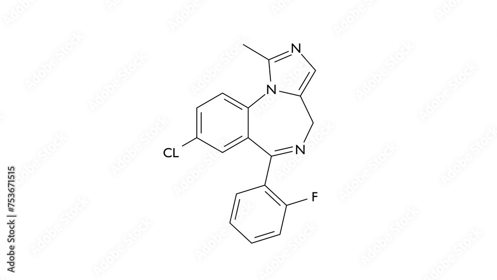 midazolam molecule, structural chemical formula, ball-and-stick model ...