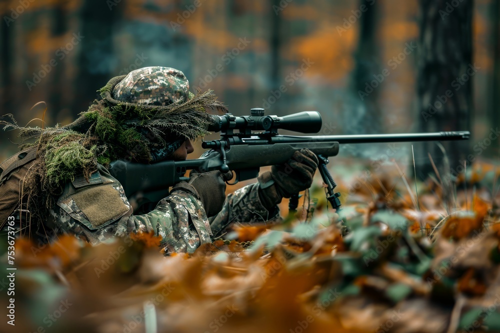 A sniper with full gear including a ghillie suit aiming with a scoped ...