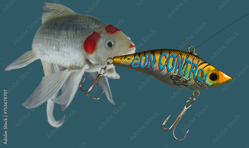 Gold lure labeled gun control out fishing Stock Photo | Adobe Stock