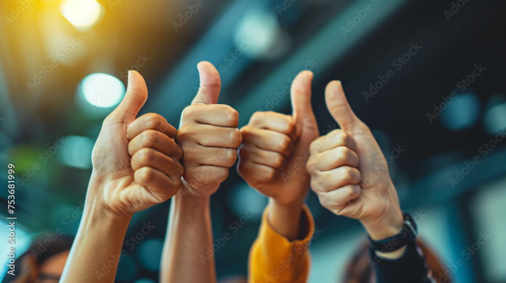 a business team raises thumbs up in gratitude, symbolizing motivation ...