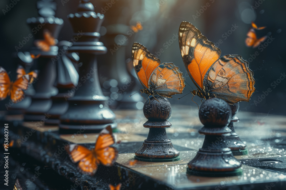 A surreal scene of a chessboard with chess pieces transforming into ...