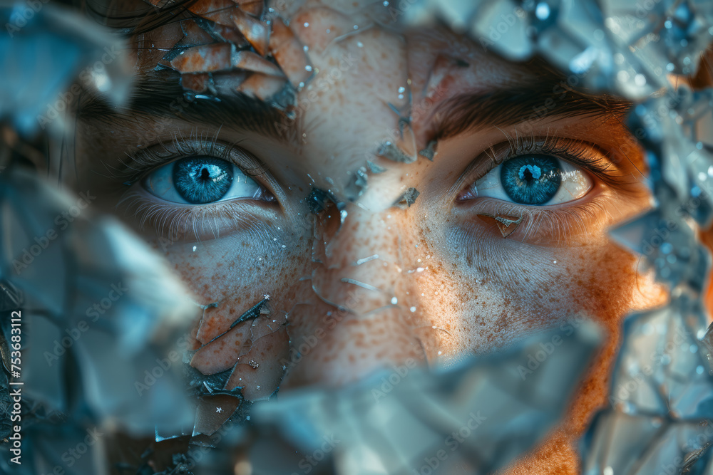 An individual surrounded by shattered pieces of a self-portrait ...