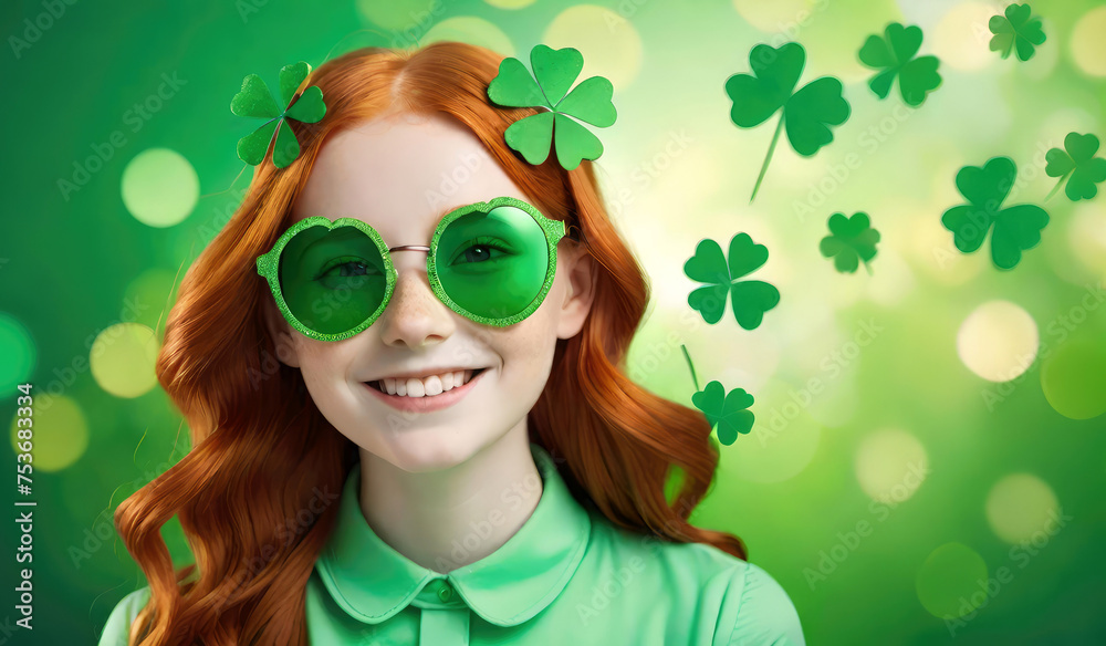 Happy smiling Irish girl in green glasses and clover leaves around on ...