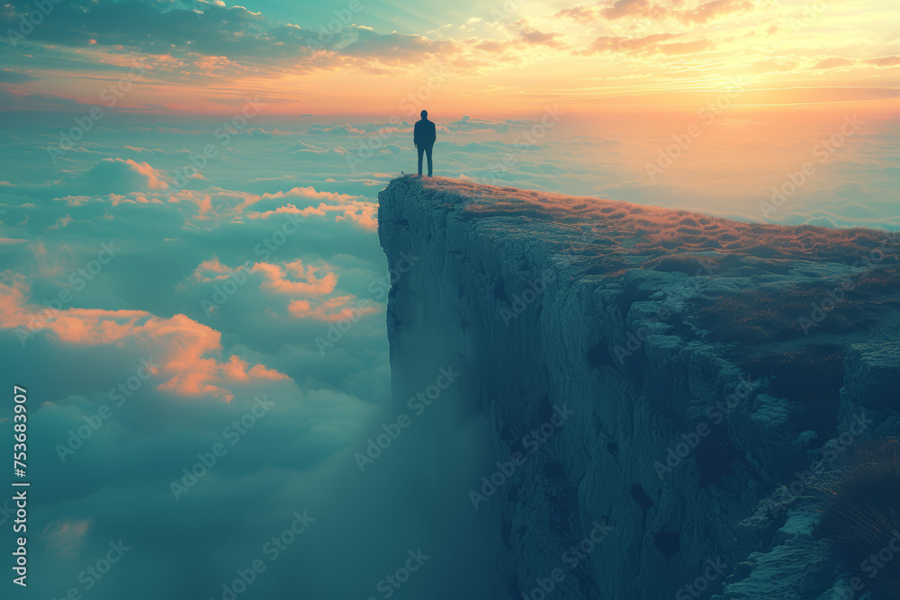 A silhouette standing at the edge of a cliff with clouds forming ...