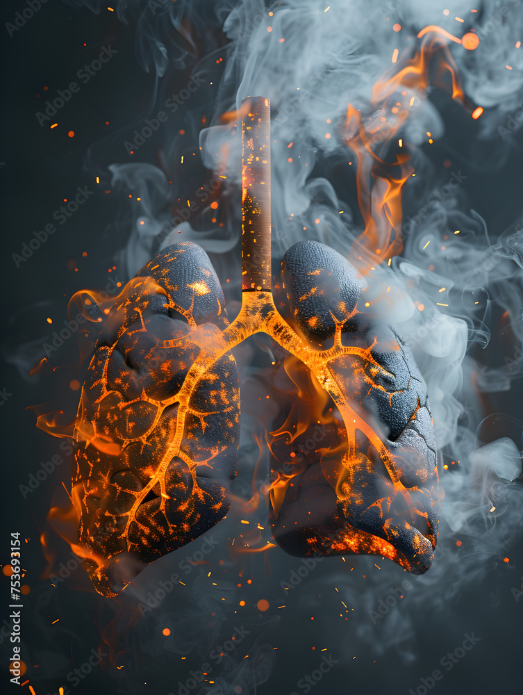 Graphically intense image depicting human lungs engulfed in flames ...