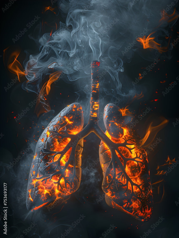 A conceptual artwork showing human lungs ablaze with fire, smoke ...