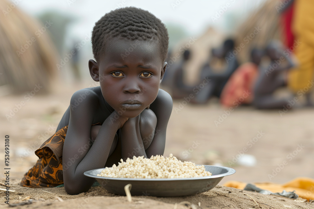 Global efforts to reduce poverty and hunger. A skinny young african boy ...