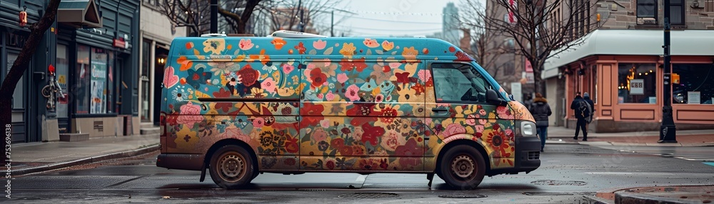 Artistically converted van, parked on a city street in spring, graffiti ...