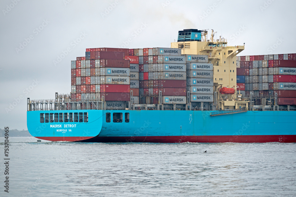 The stern of the Maersk container ship Detroit, showing containers and ...
