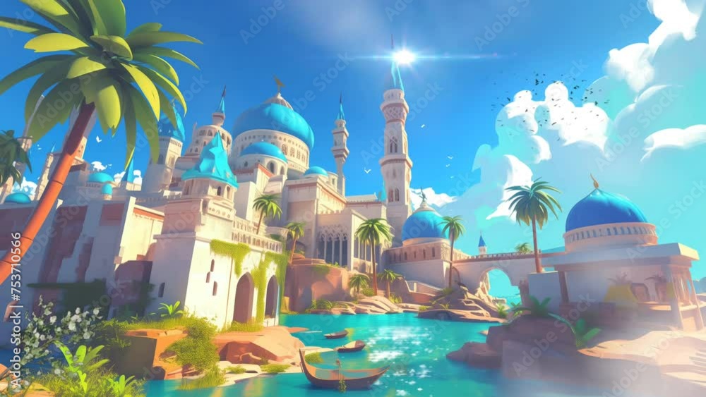 A video of a mosque landscape on a cartoon style loop animation. The ...