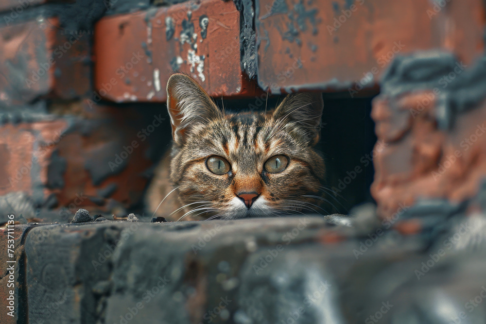 Tabby cat peeking through a hole in a brick wall. Urban exploration and ...