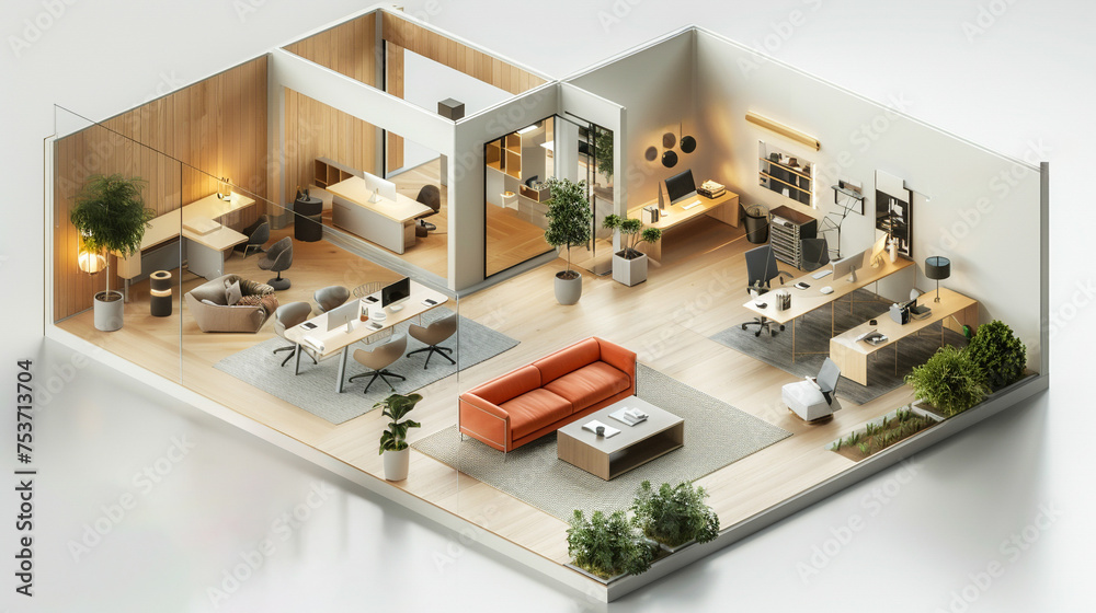 Flexible workspaces in isometric 3D highlighting adaptability in modern ...