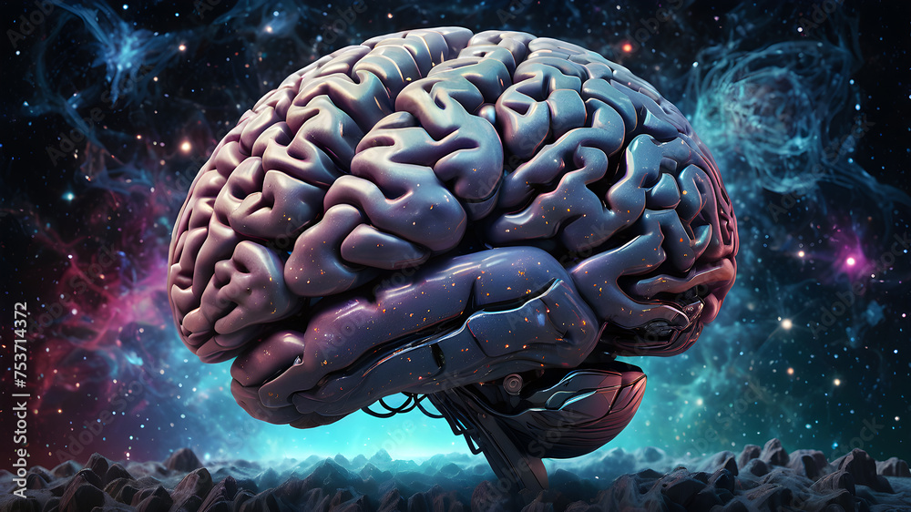 human brain in space and energetic connection with the universe, neon ...
