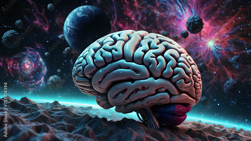 human brain in space and energetic connection with the universe, neon ...
