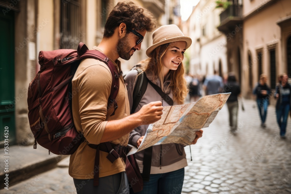 Tourists checking on a map, tourists holding city map crossing the road ...