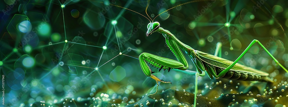 Matrix mantis emerging from a chart of interconnected nodes and lines ...