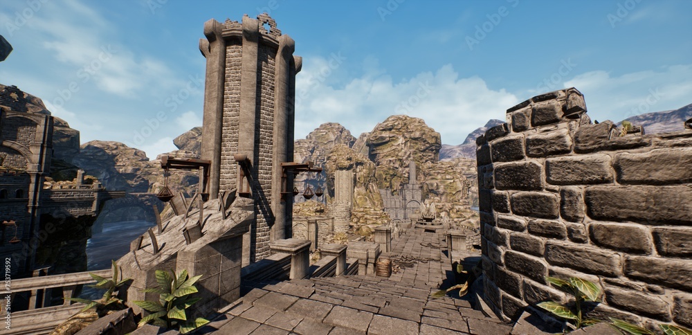 3D illustration of an abandoned, ancient medieval fortress with ...
