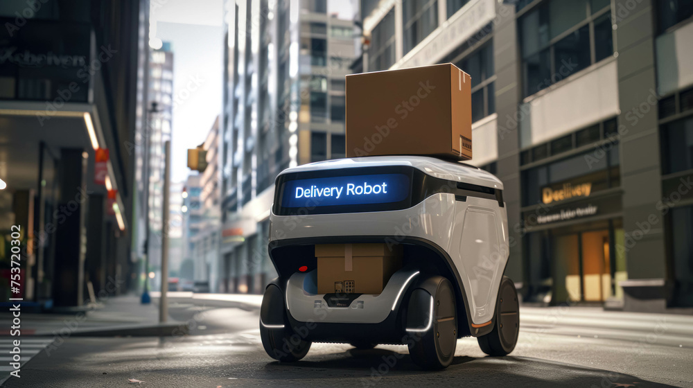Delivery Robot With Text "Delivery Robot" On Its Screen. Moving ...