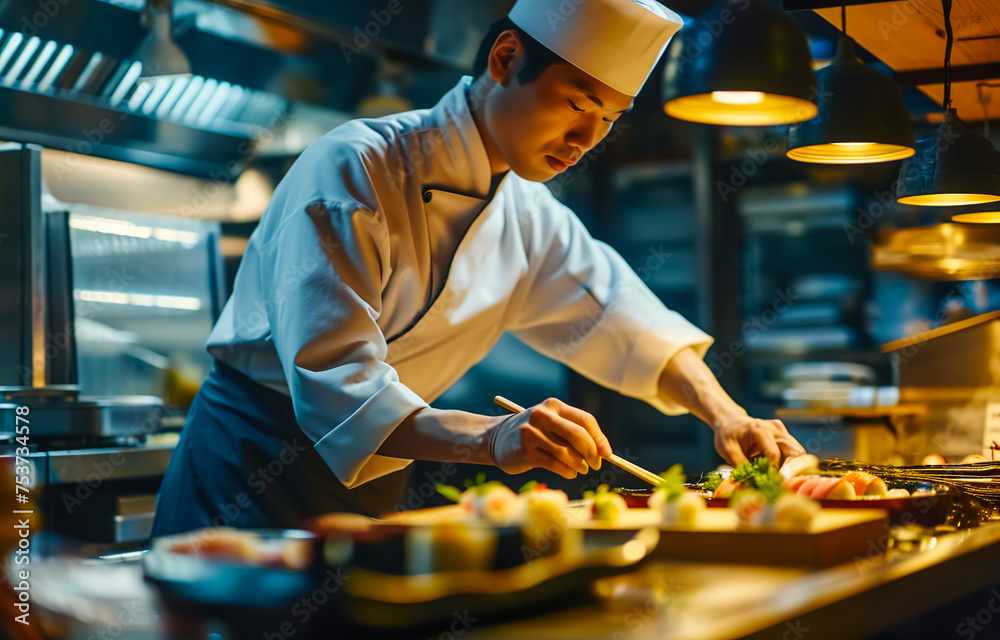 Professional japanese chef showing skill of cooking sushi,food in ...