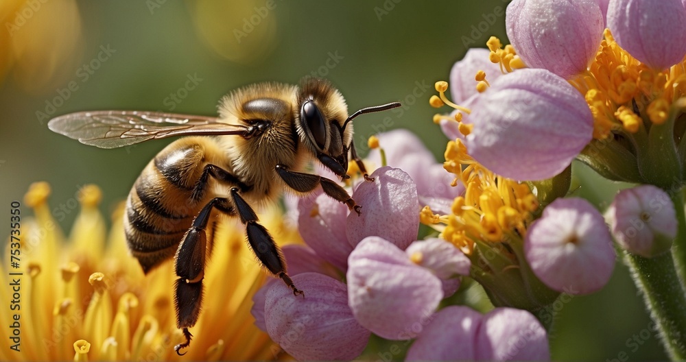 Craft an ultra-realistic close-up image of a honey bee gathering pollen ...
