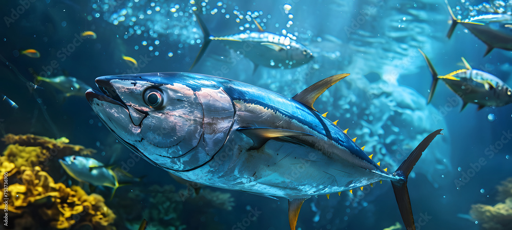 World Tuna Day. School of tuna fish in underwater. Bluefin tuna fish ...