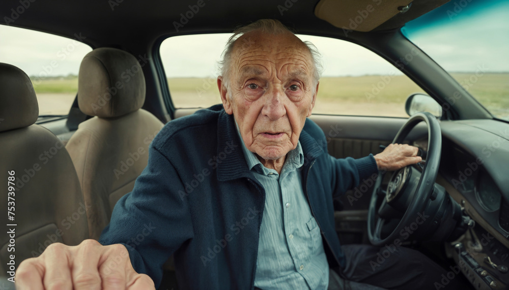 Very old male driver, opens door for passenger, let in hitchhiker or ...