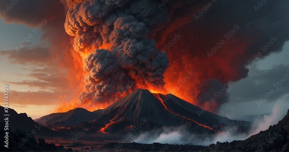 Illustrate a scene of a volcanic eruption in progress, capturing the ...